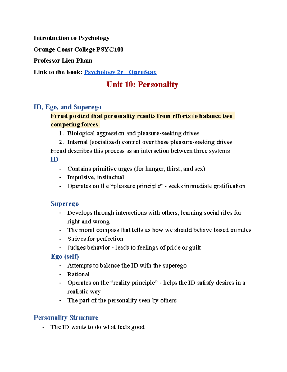 Unit 10 Personality - Introduction to Psychology Orange Coast College ...