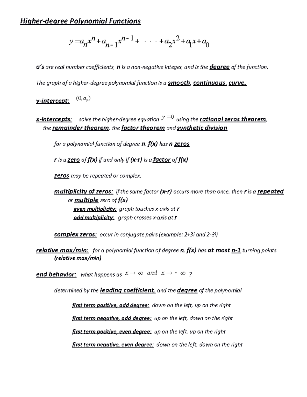 Polynomial Functions handout - Higher-degree Polynomial Functions 1 2 1 2 1 0 y a x n a xn a x a ...