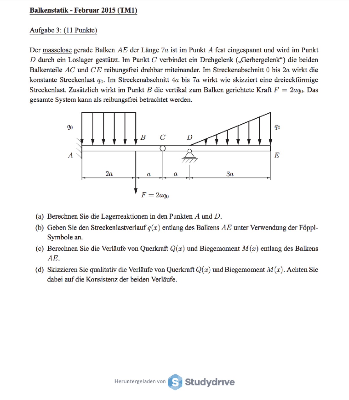 Altklausur Februar 2015, Antworten - Technische Mechanik 1 - Studocu