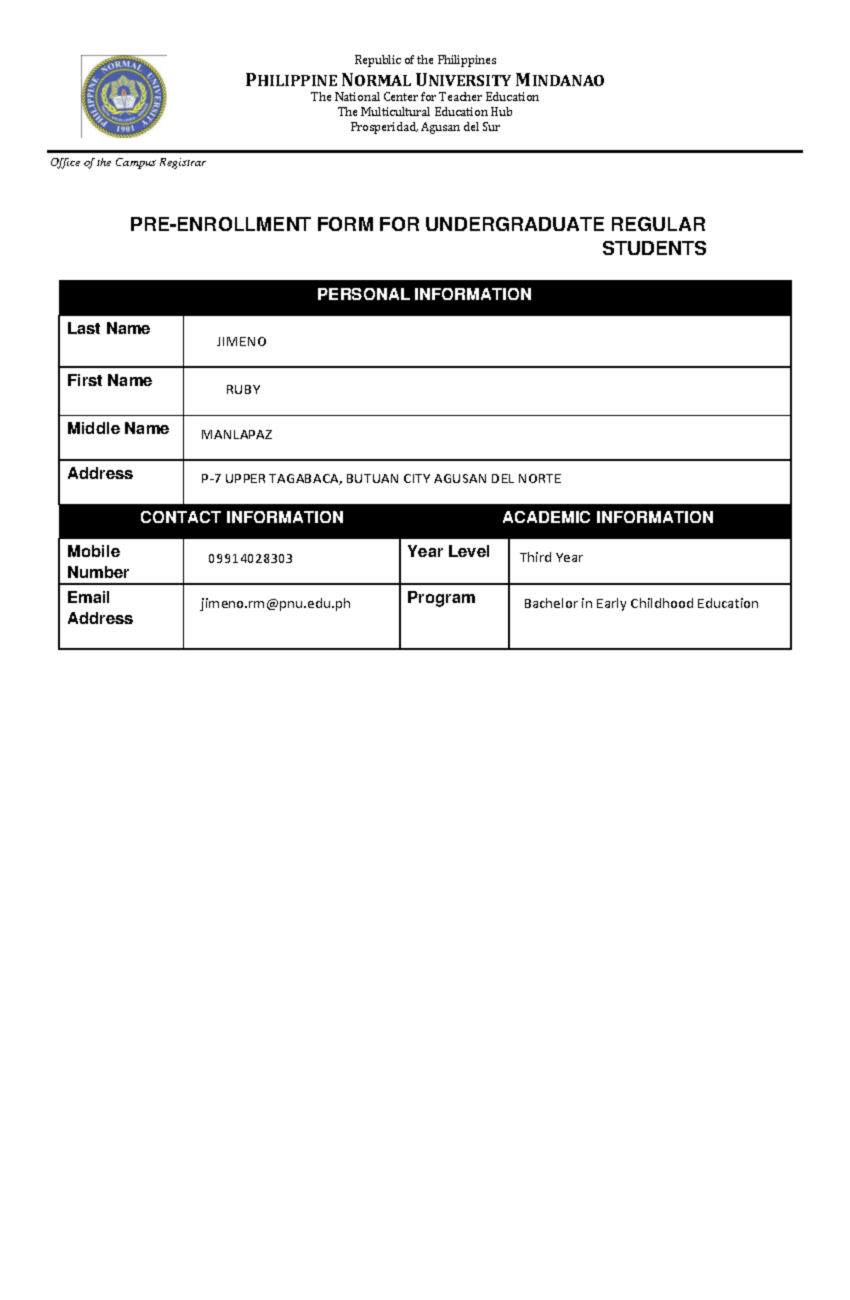 Jimeno- pre-enrollment form for undergraduate students - Office of the ...