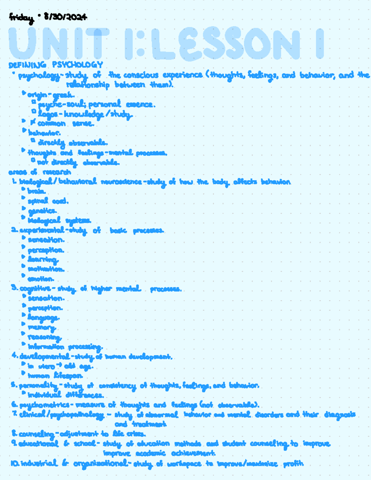Psychology 101 - unit 1 - lesson 1 - friday : 8/30/ DEFINING PSYCHOLOGY ...