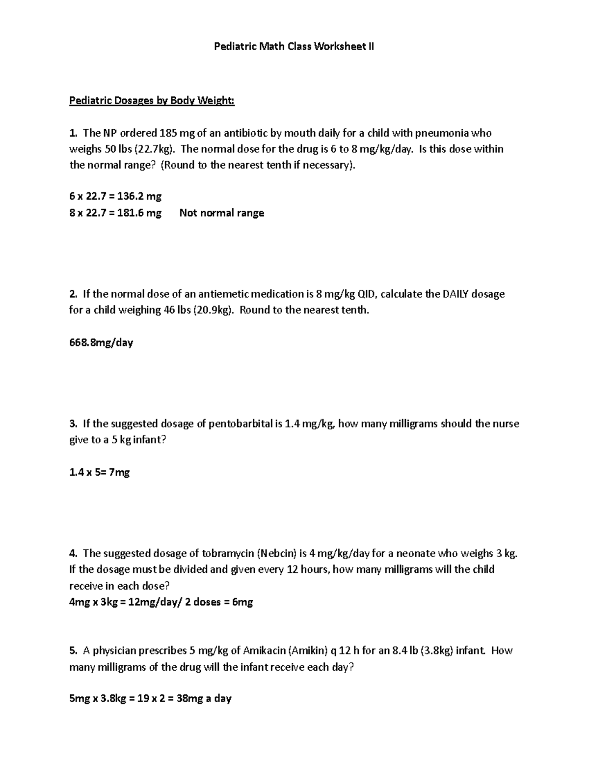 Peds Math Class Worksheet II Idalia - Pediatric Math Class Worksheet II ...