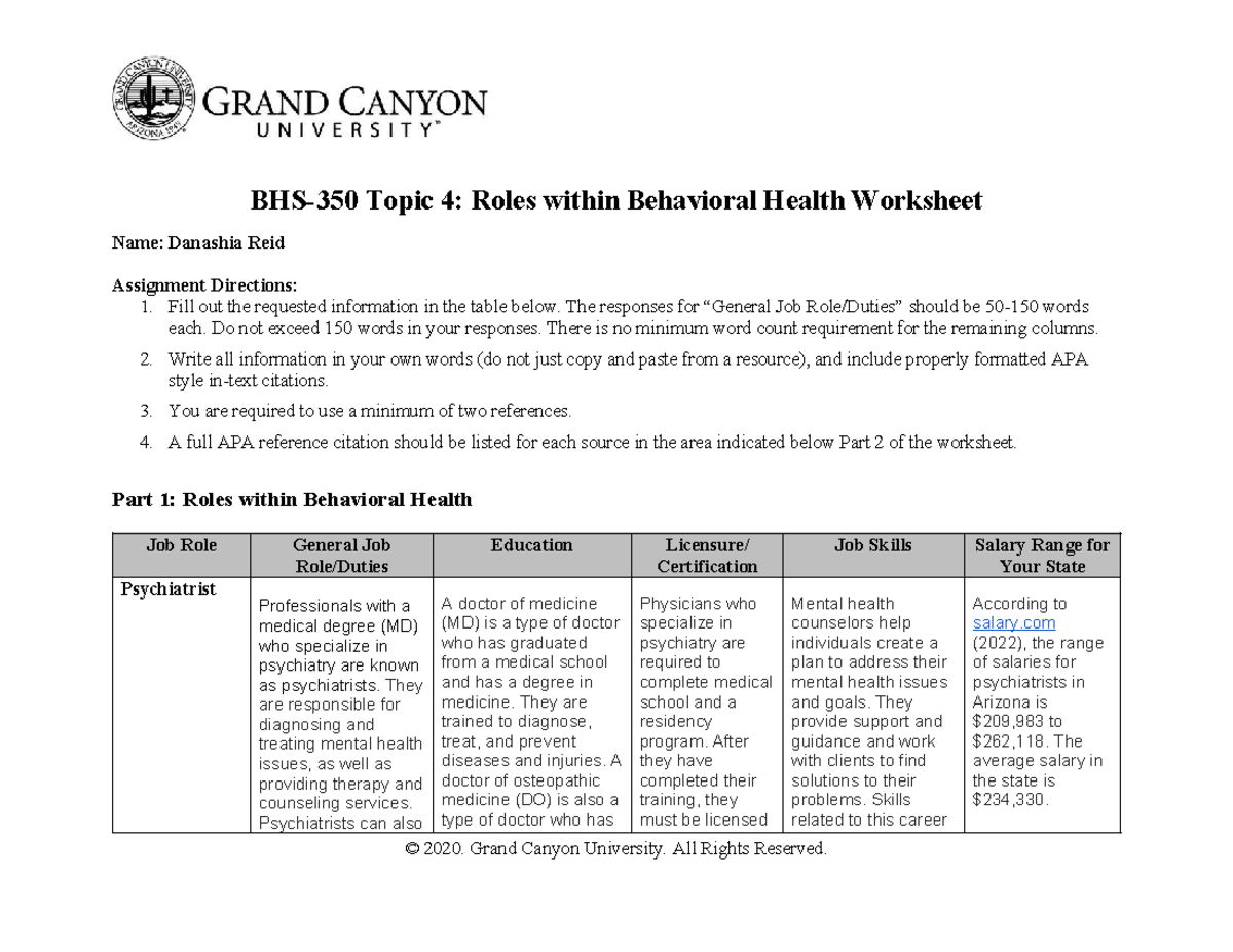 Roles within Behavioral Health Worksheet - Fill out the requested ...