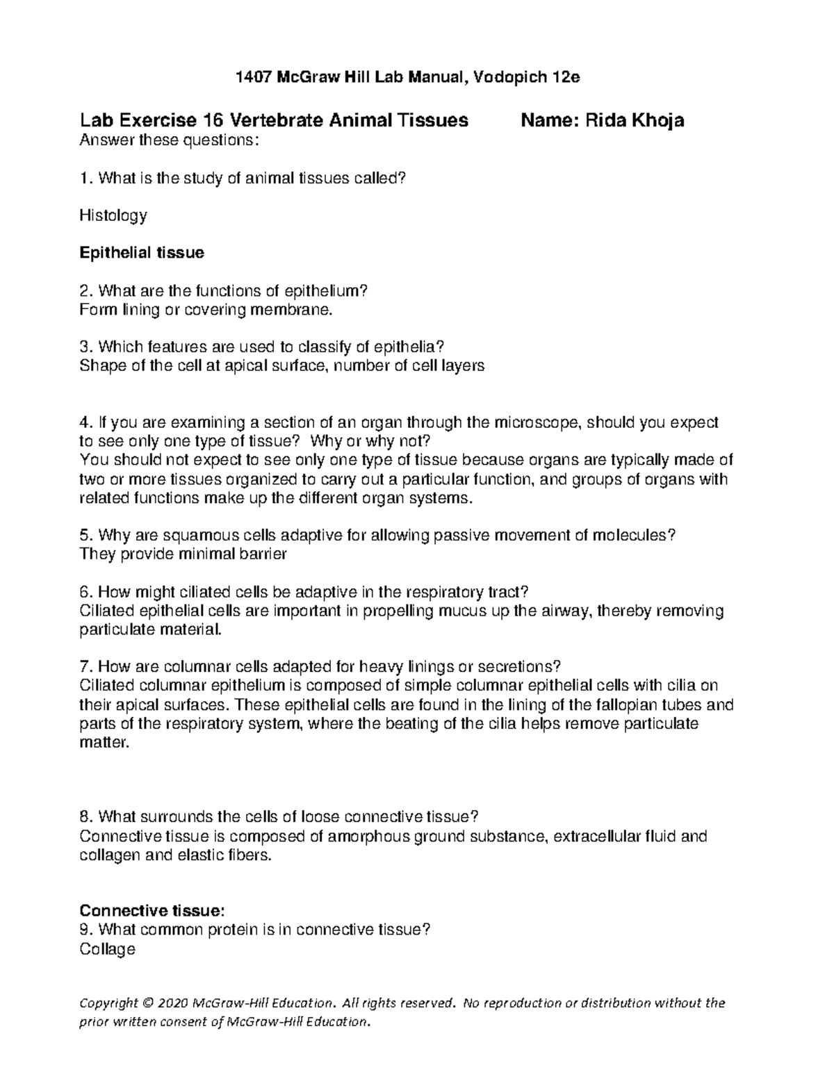 Lab 16 Vertebrate Animal Tissues lab report - Copyright © 20 20 McGraw ...