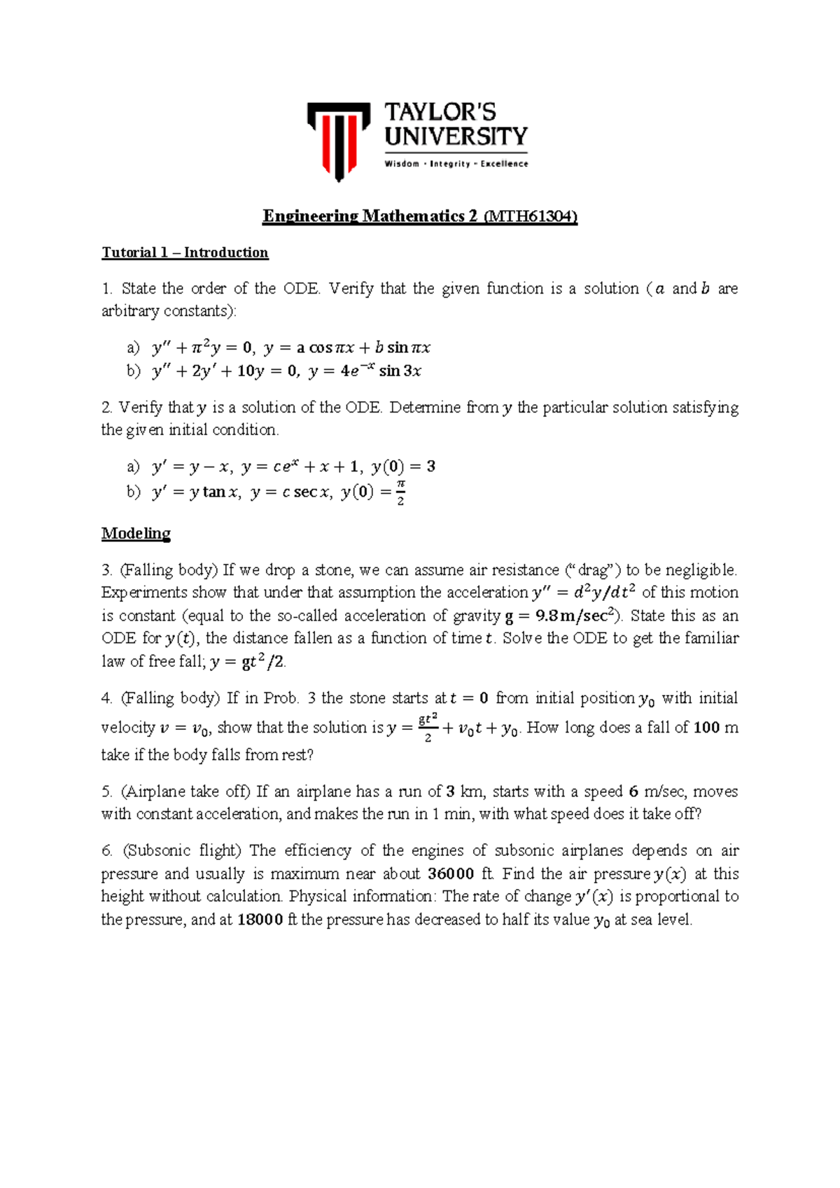 Tutorial 2 Ode 1 Engineering Mathematics 2 Mth61304 Tutorial 1