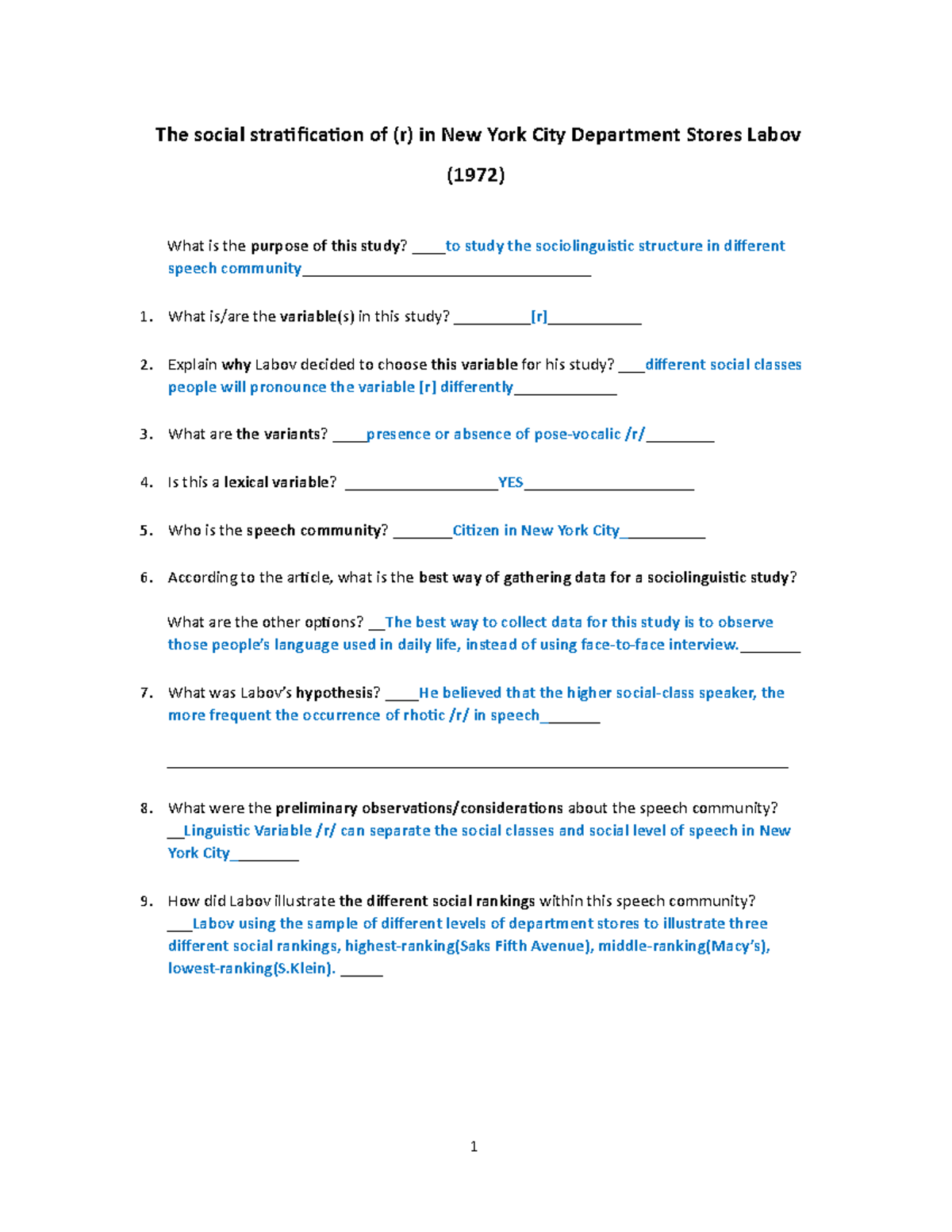Labov 1972- Questions - practice question - The social stratification ...