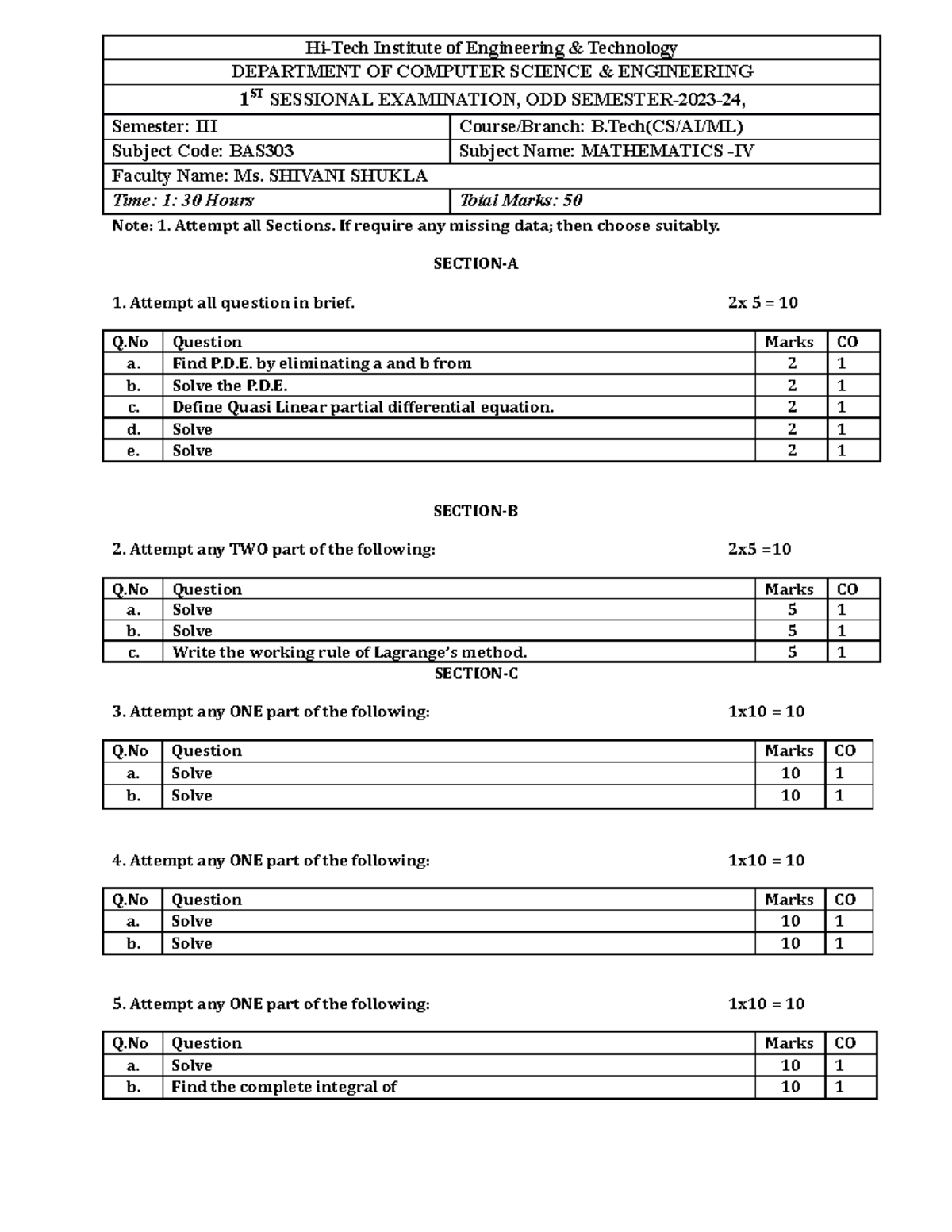 Maths IV - Jsja - Hi-Tech Institute of Engineering & Technology ...