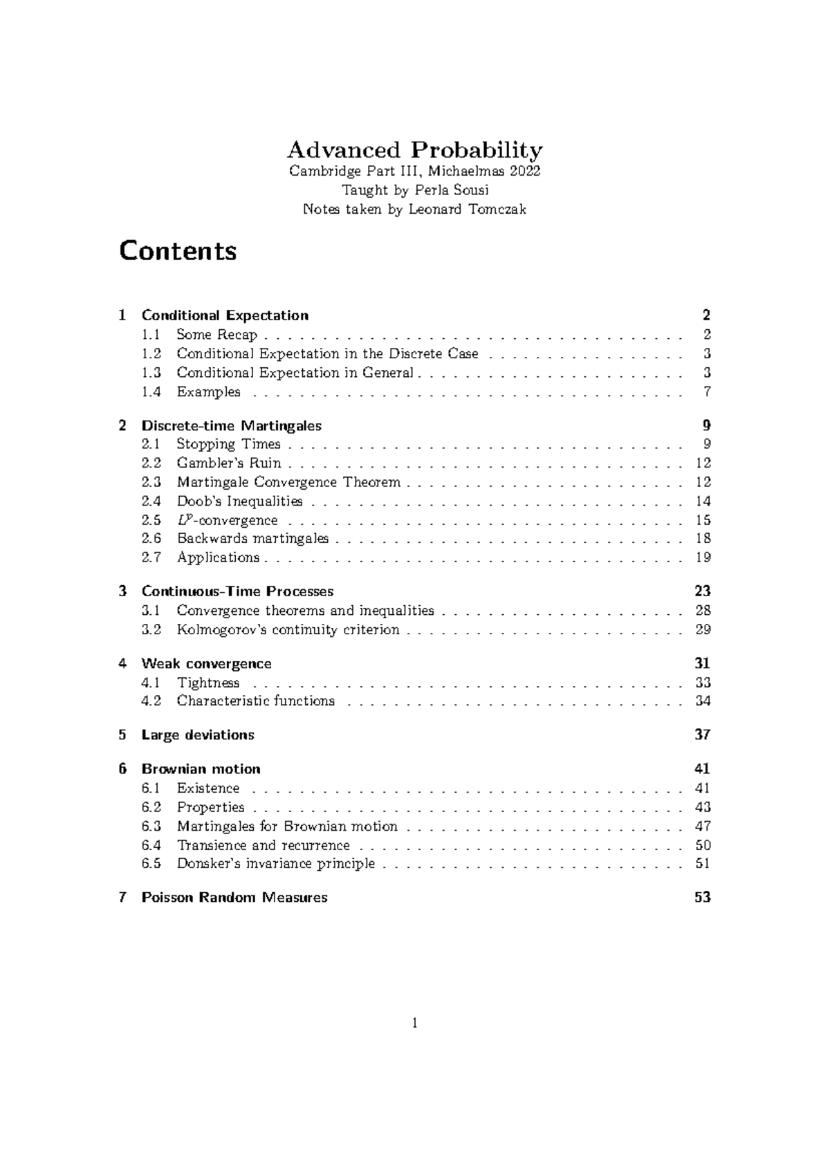 Adv Prob Notes - Advanced Probability - Advanced Probability Taught by ...