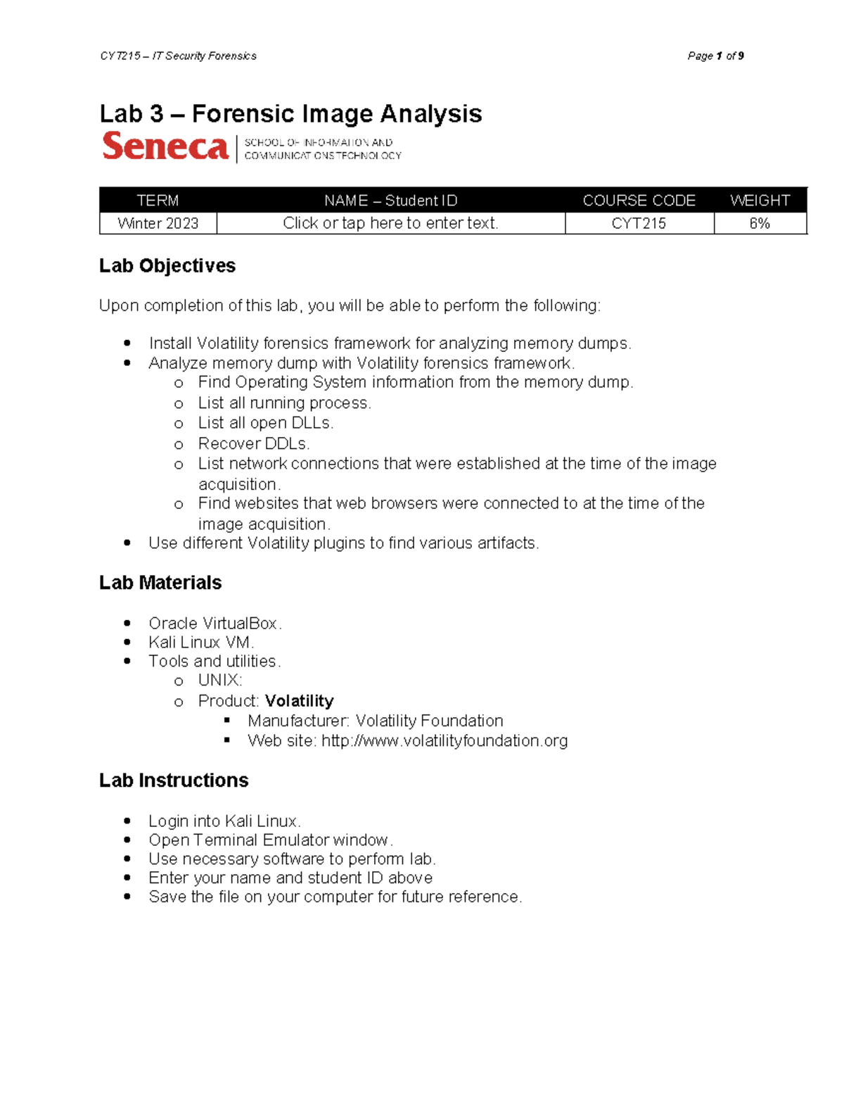 Cyt215 Lab3 Memory Analisys 2023 Lab 3 Forensic Image Analysis Term