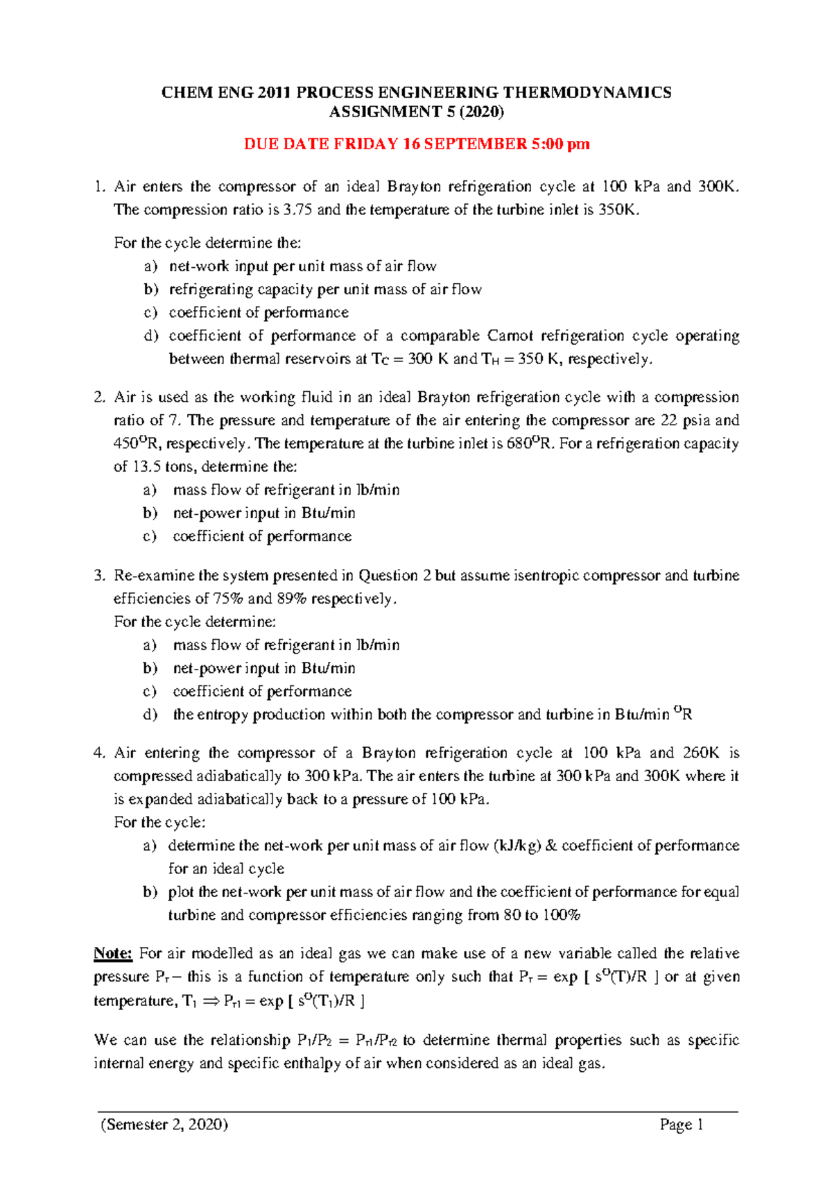 Thermo Tut#5 2020 - Tutorial Questions - CHEM ENG 2011 - Adelaide ...