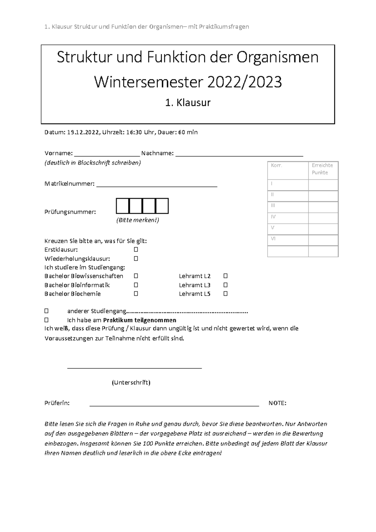 Sfo 1k p 2022 - StuFu Übungsklausur von 2022 - Klausur Struktur und ...