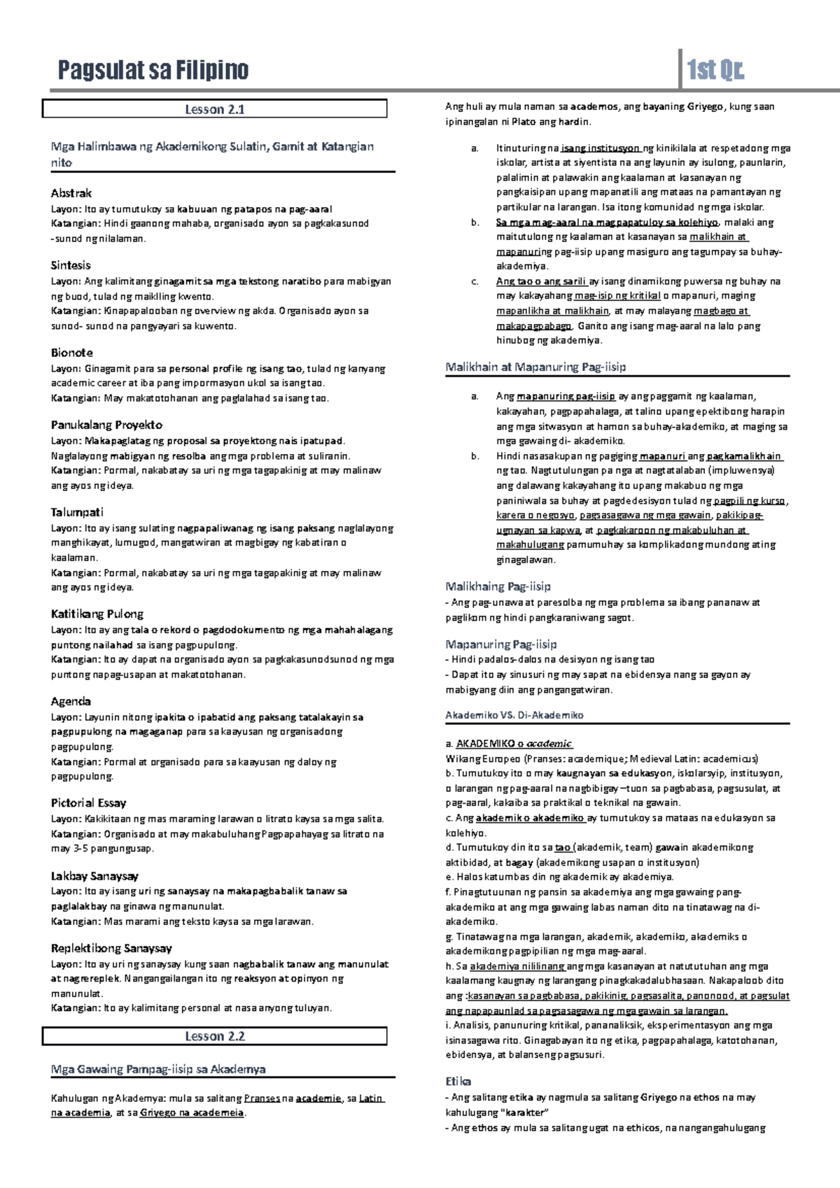 Filipino - This is a lecture note of making an abstract - Pagsulat sa ...