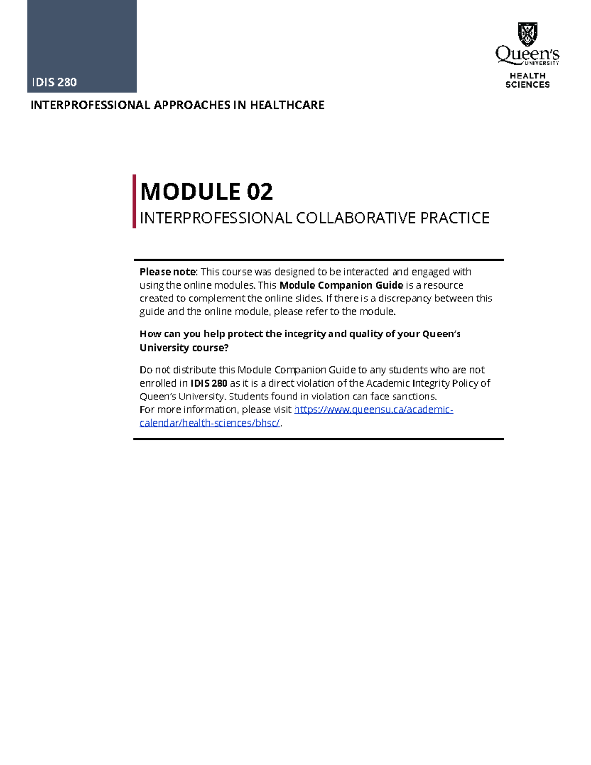 IDIS280 M02 Companion Guide - oiw MODULE 02 INTERPROFESSIONAL COLLABORATIVE PRACTICE Please note ...
