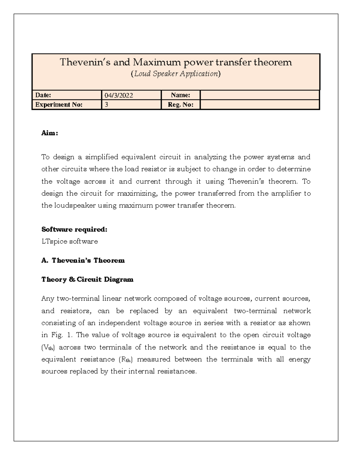 Experiment No.3 Verification of Thevenin's Theorem - Thevenin’s and Maximum power transfer ...
