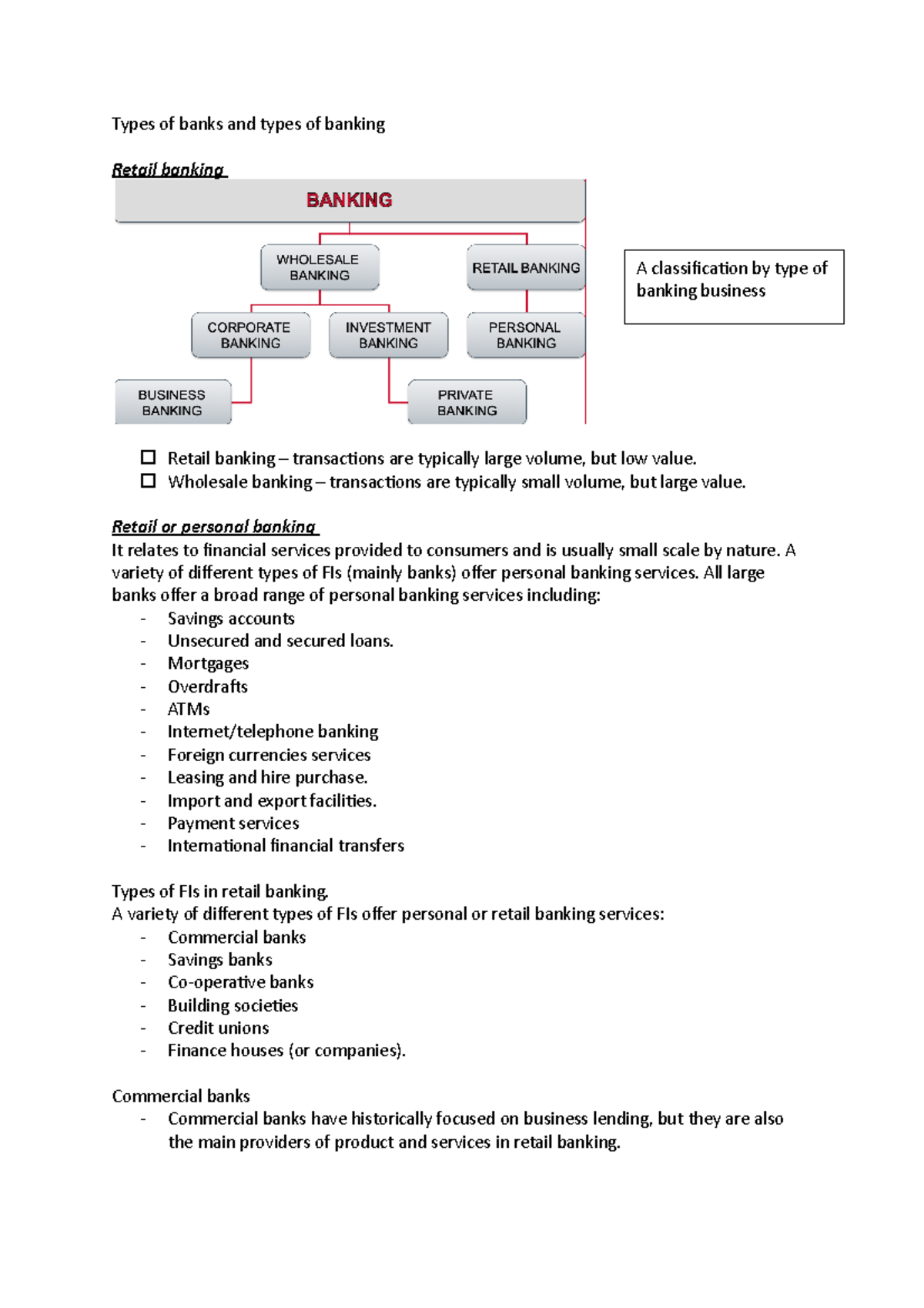 Week 4 - notes made in lecture - Types of banks and types of banking ...