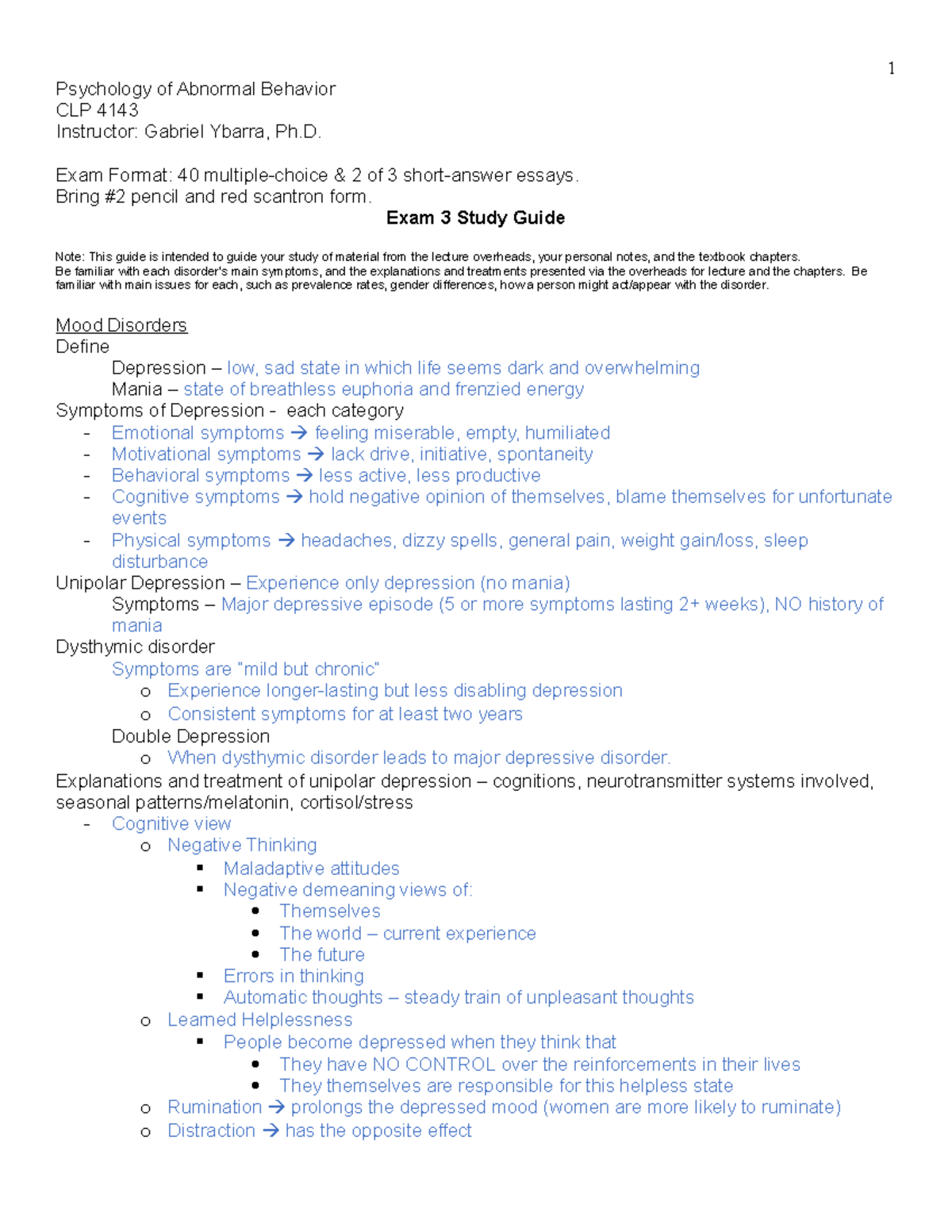 Abnormal Behavior Exam 3 Study Guide - 1 Psychology of Abnormal ...