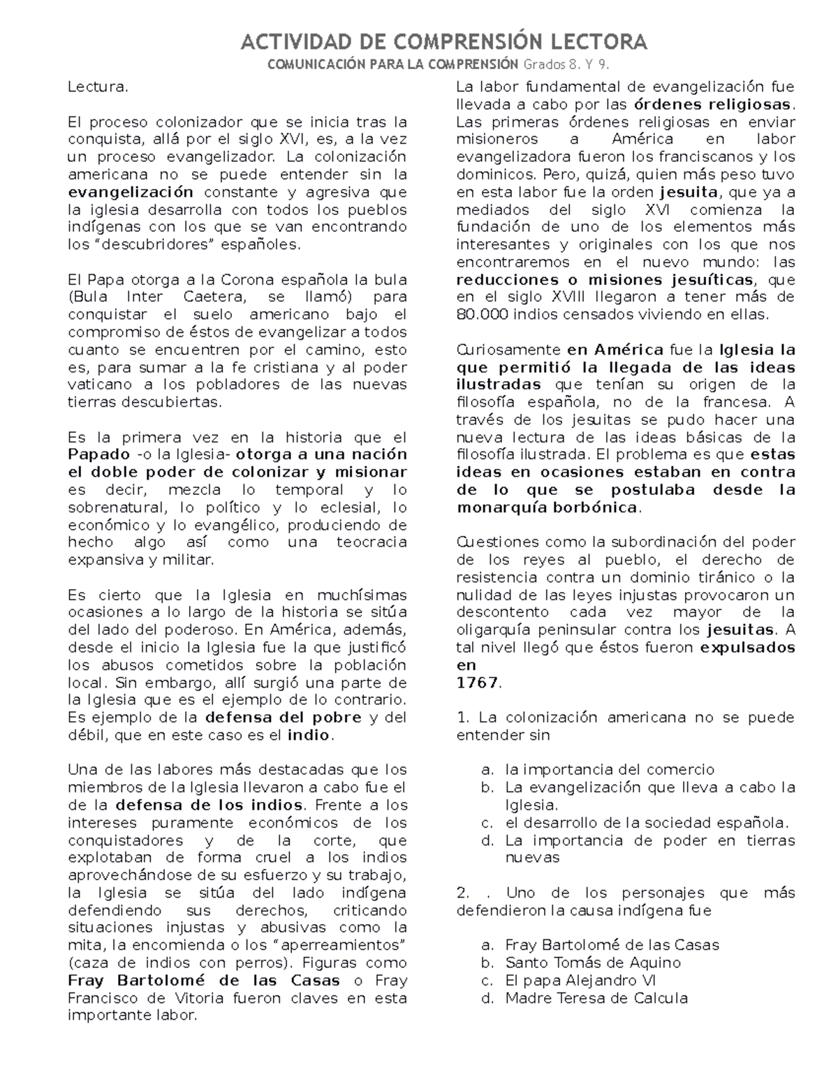 Comprendion lectora 8 y 9 - ACTIVIDAD DE COMPRENSIÓN LECTORA ...