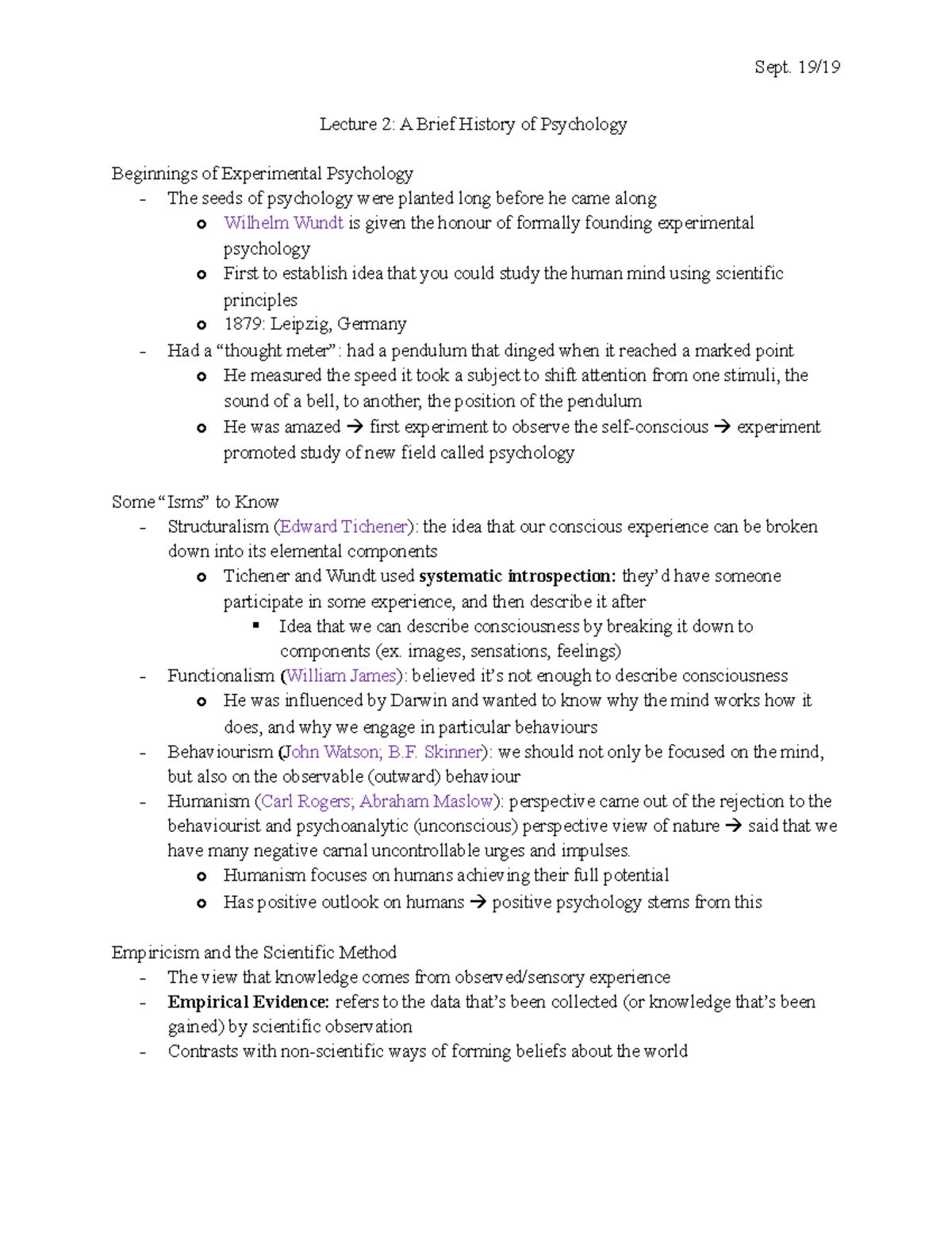 PSY100 Lecture Notes - Lecture 2: A Brief History of Psychology ...