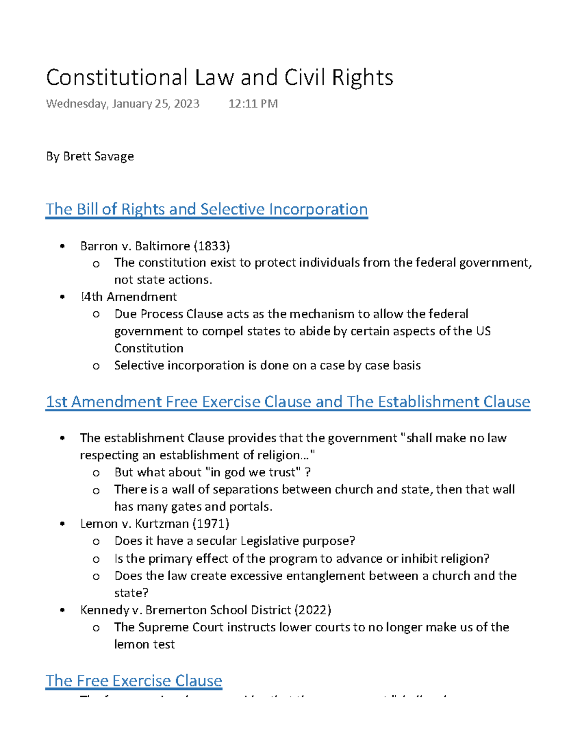 Constitutional Law and Civil Rights - By Brett Savage The Bill of ...