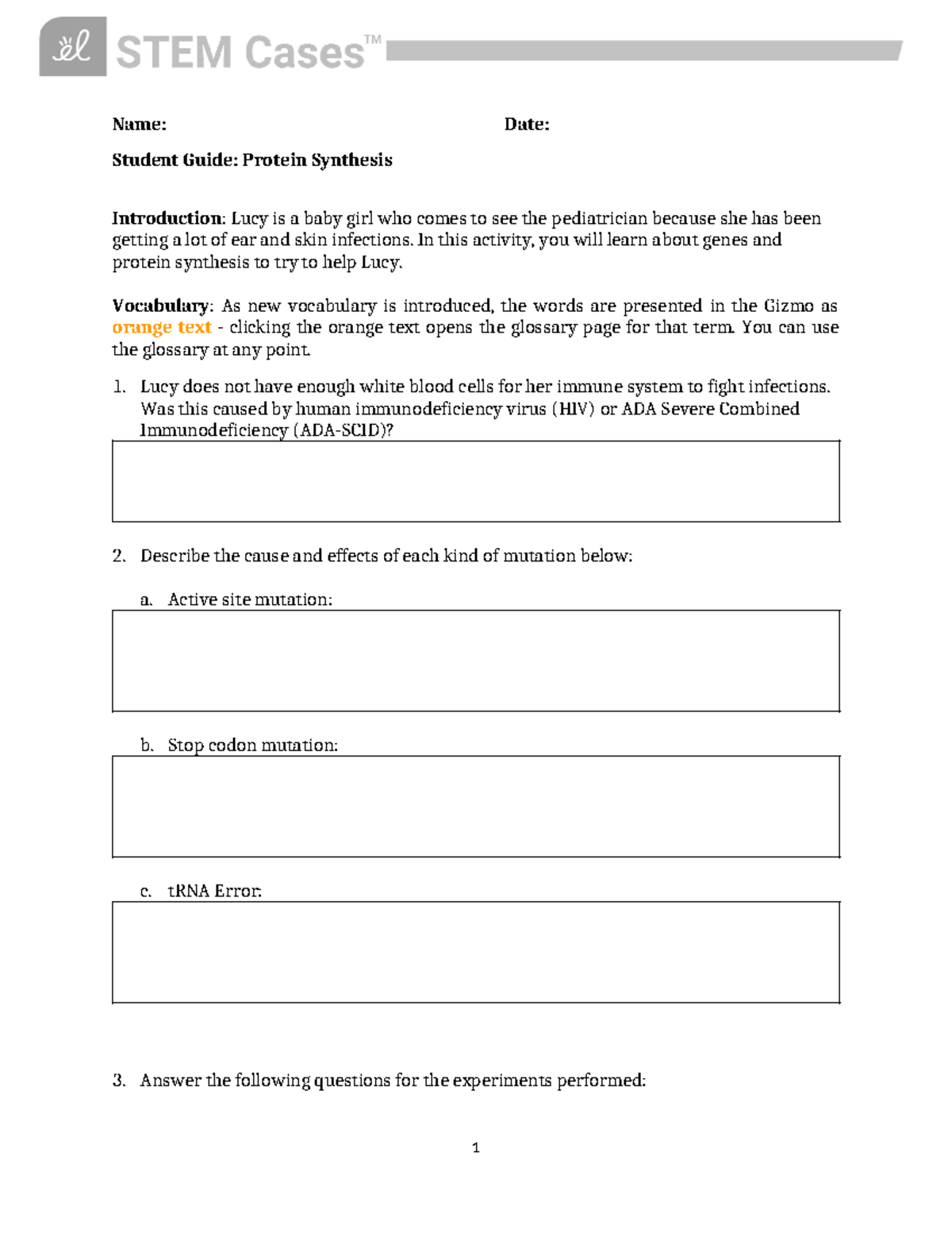 Protein Synthesis Stem Case - Name: Date: Student Guide: Protein ...