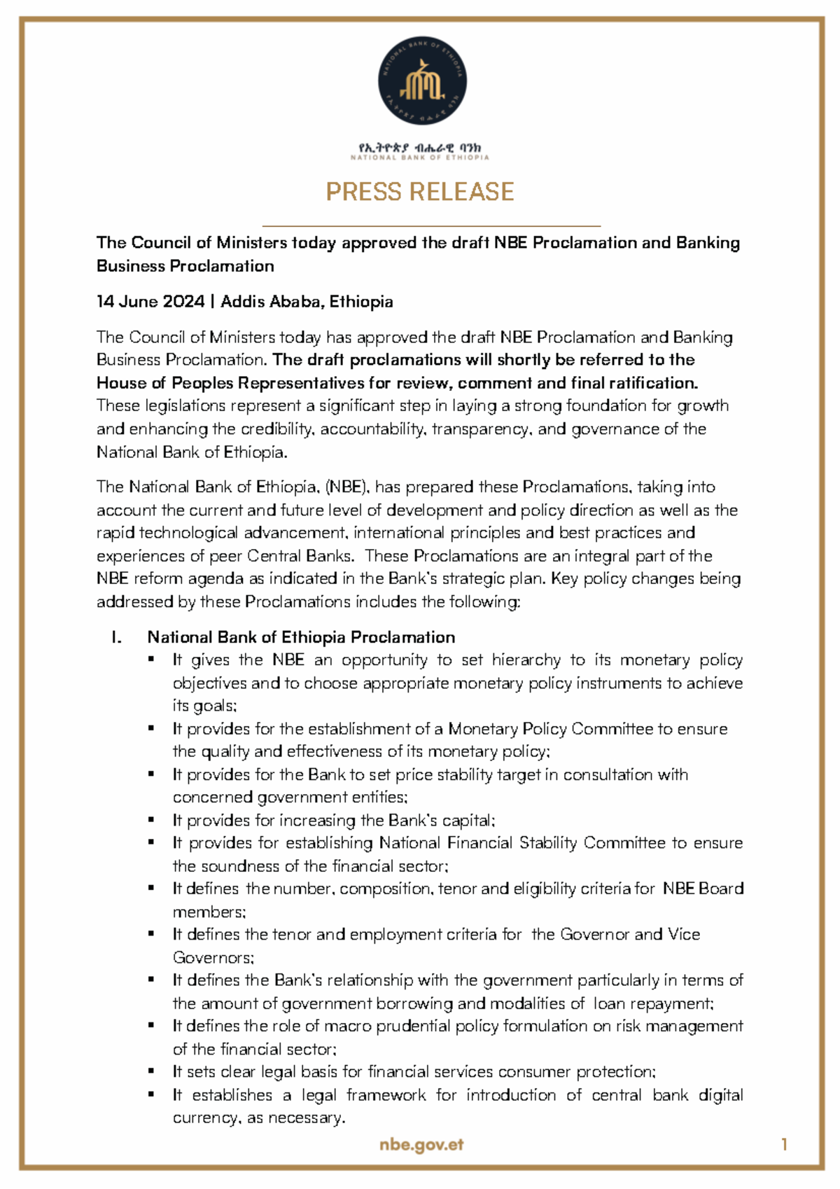 Banking Business Proclamation Amendment 2024 - 1 PRESS RELEASE The ...