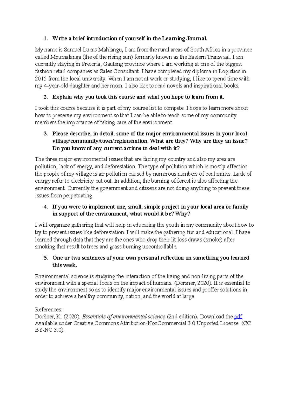 ENVS 1301 Learning Journal unit 1 - 1. Write a brief introduction of ...