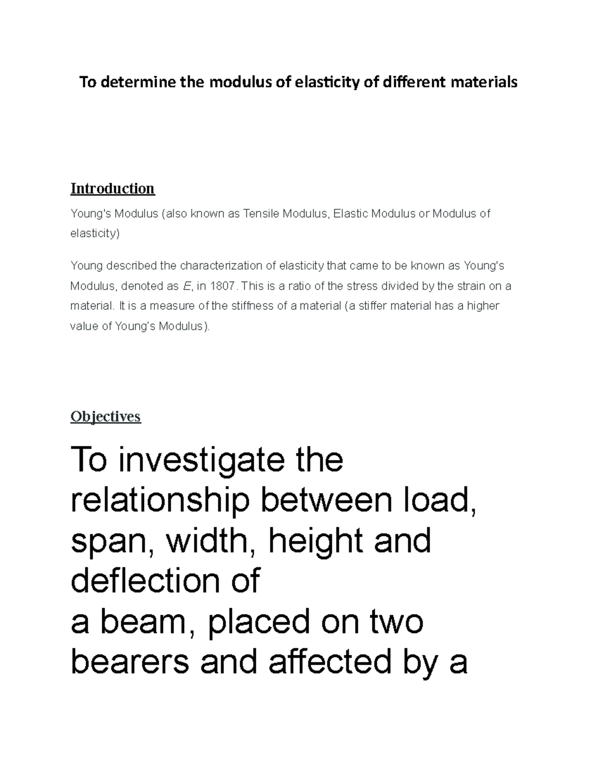determining the Youngs modulus of different materials - To determine ...