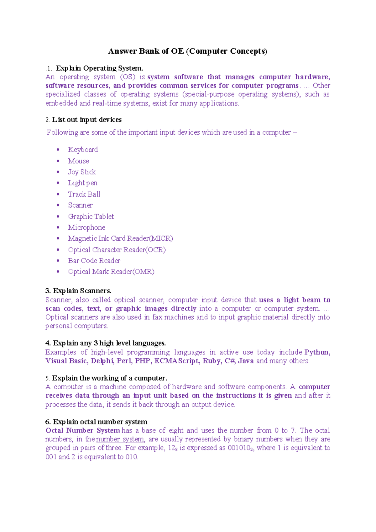 Answer Bank of OE - notes - Answer Bank of OE (Computer Concepts) .1 ...