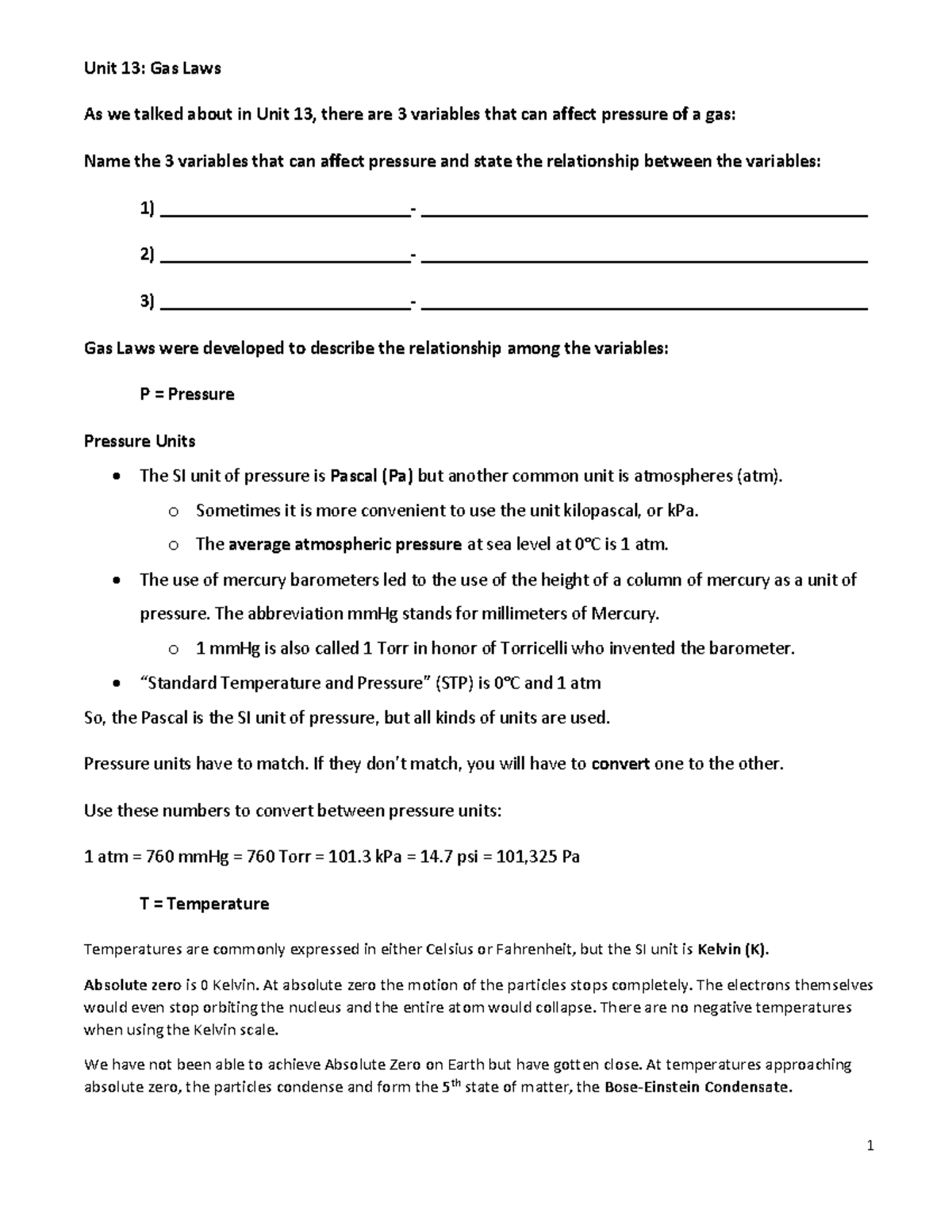 Unit 13 Gas Laws 2023 - Unit 13: Gas Laws As we talked about in Unit 13 ...