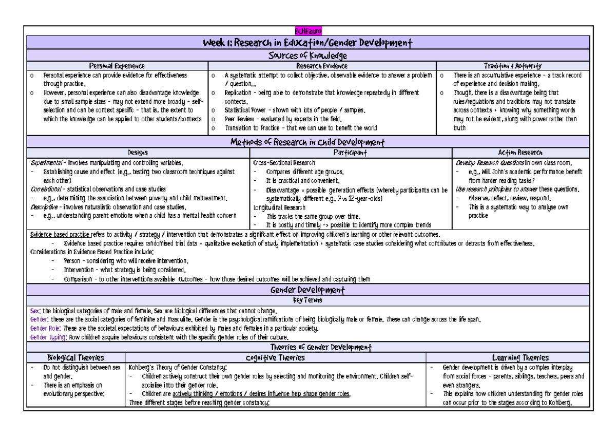 Notes Weeks 1-4 - ECHE Week 1: Research in Education/Gender Development ...