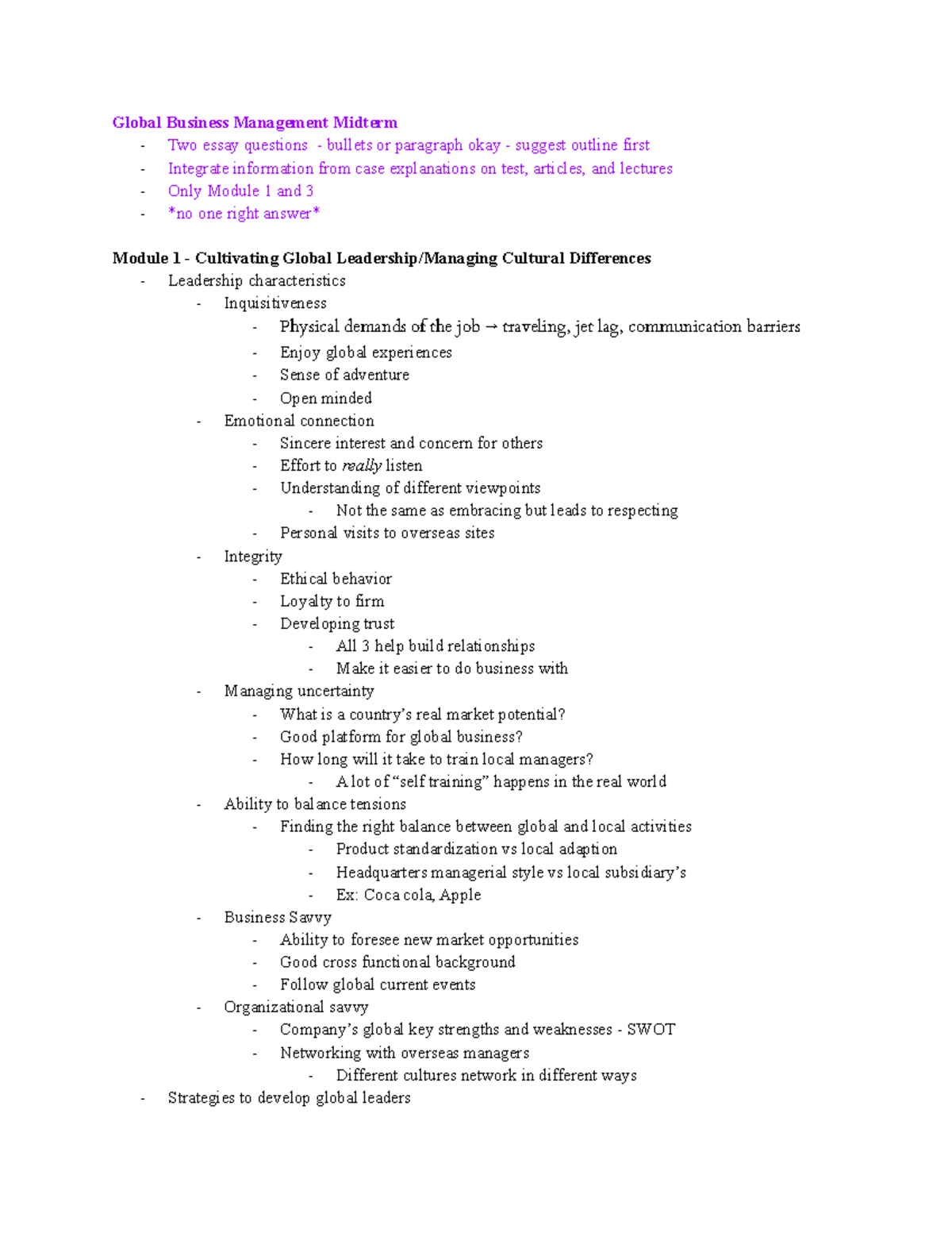 GBM Midterm Study Guide - Global Business Management Midterm - Two ...