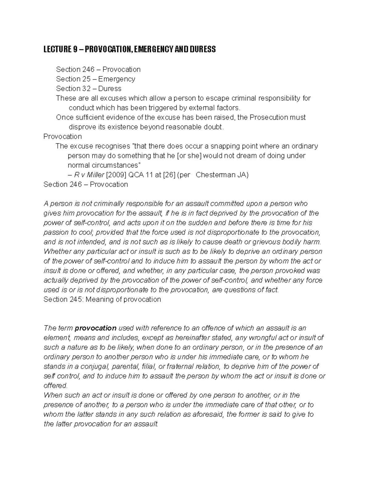 Lecture 9 – Provocation, Emergency AND Duress - LECTURE 9 – PROVOCATION ...