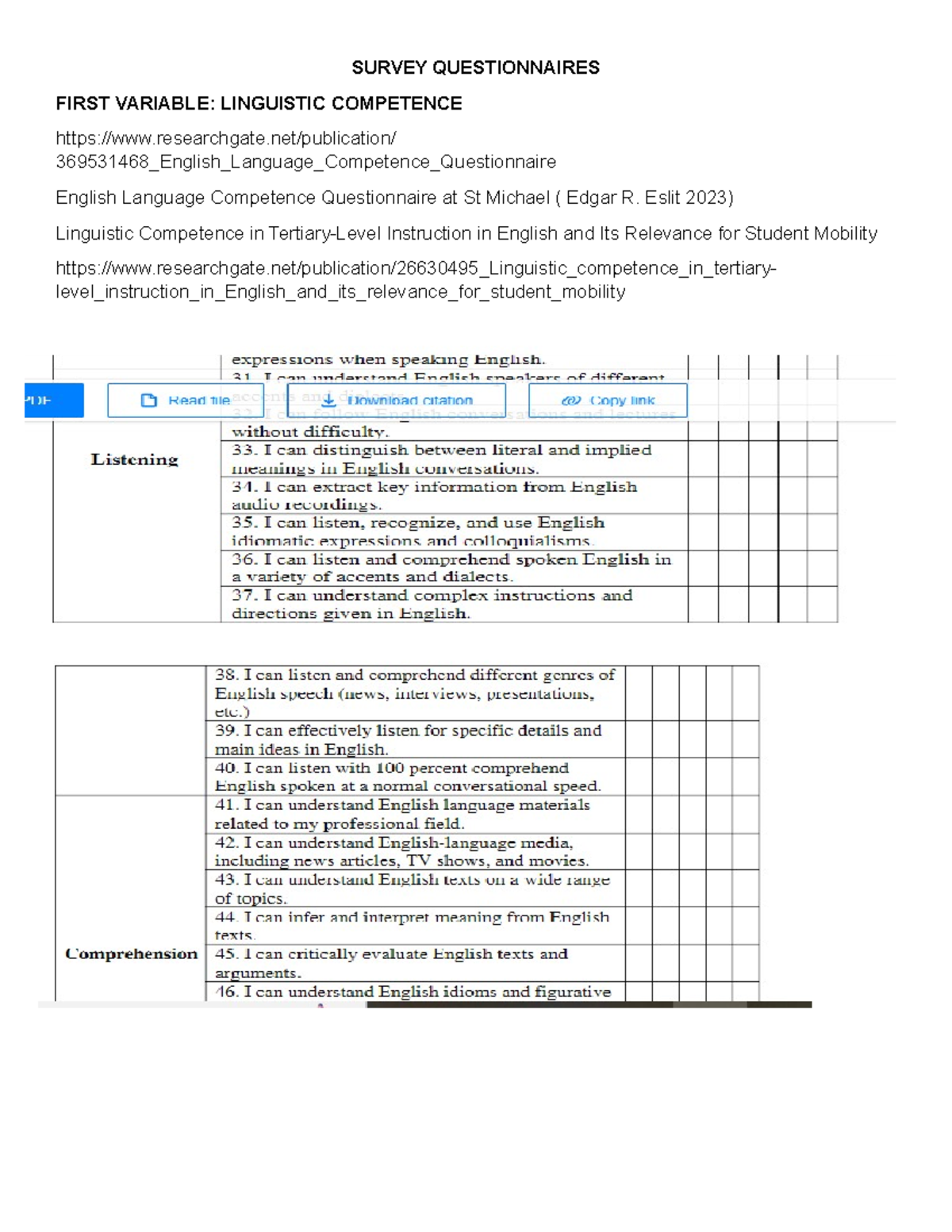 Survey Questionnaires - SURVEY QUESTIONNAIRES FIRST VARIABLE ...