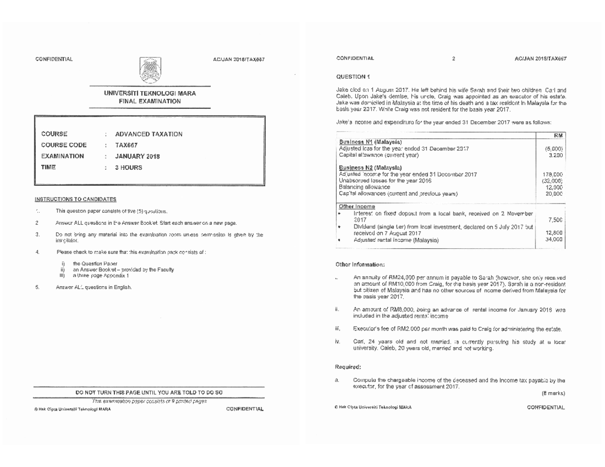 TAX667 jan2018 - Final - Advanced Taxation - Studocu