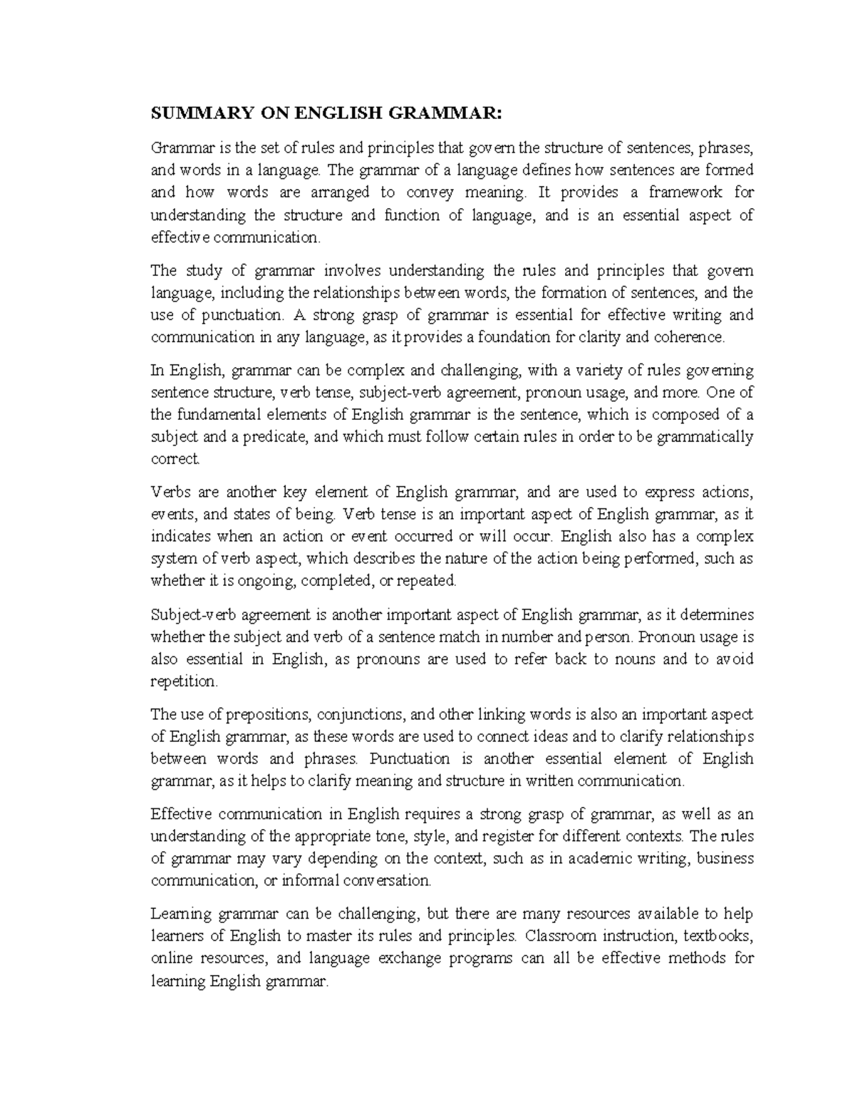 Summary ON English Grammar - SUMMARY ON ENGLISH GRAMMAR: Grammar is the ...