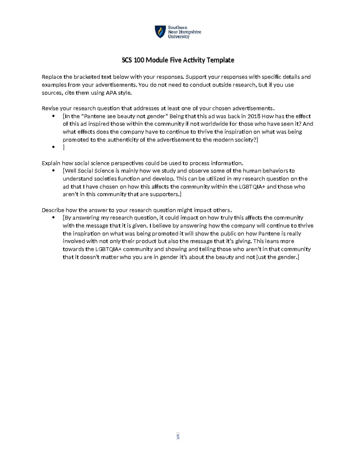 SCS 100 Module Five Activity Template - SCS 100 Module Five Activity Template Replace the ...