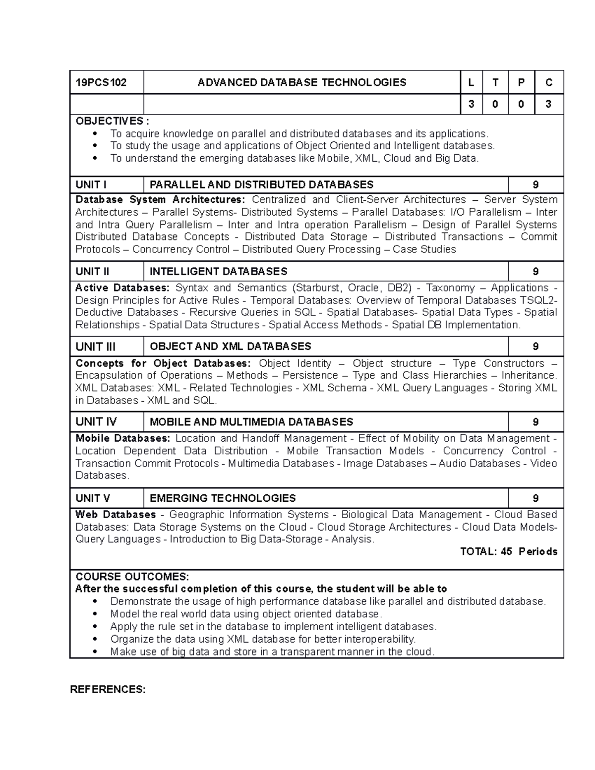 19pcs102 Advanced Database Technologies Syllabus 19pcs102 Advanced Database Technologies L