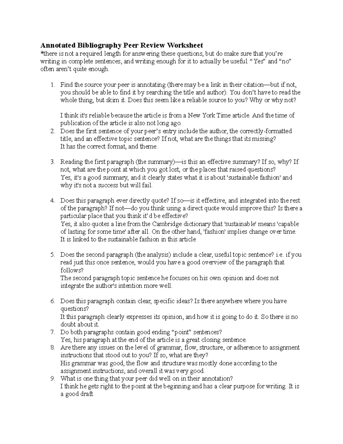 Annotated Bibliography Peer Review Worksheet-2 - “Yes” and “no” often ...