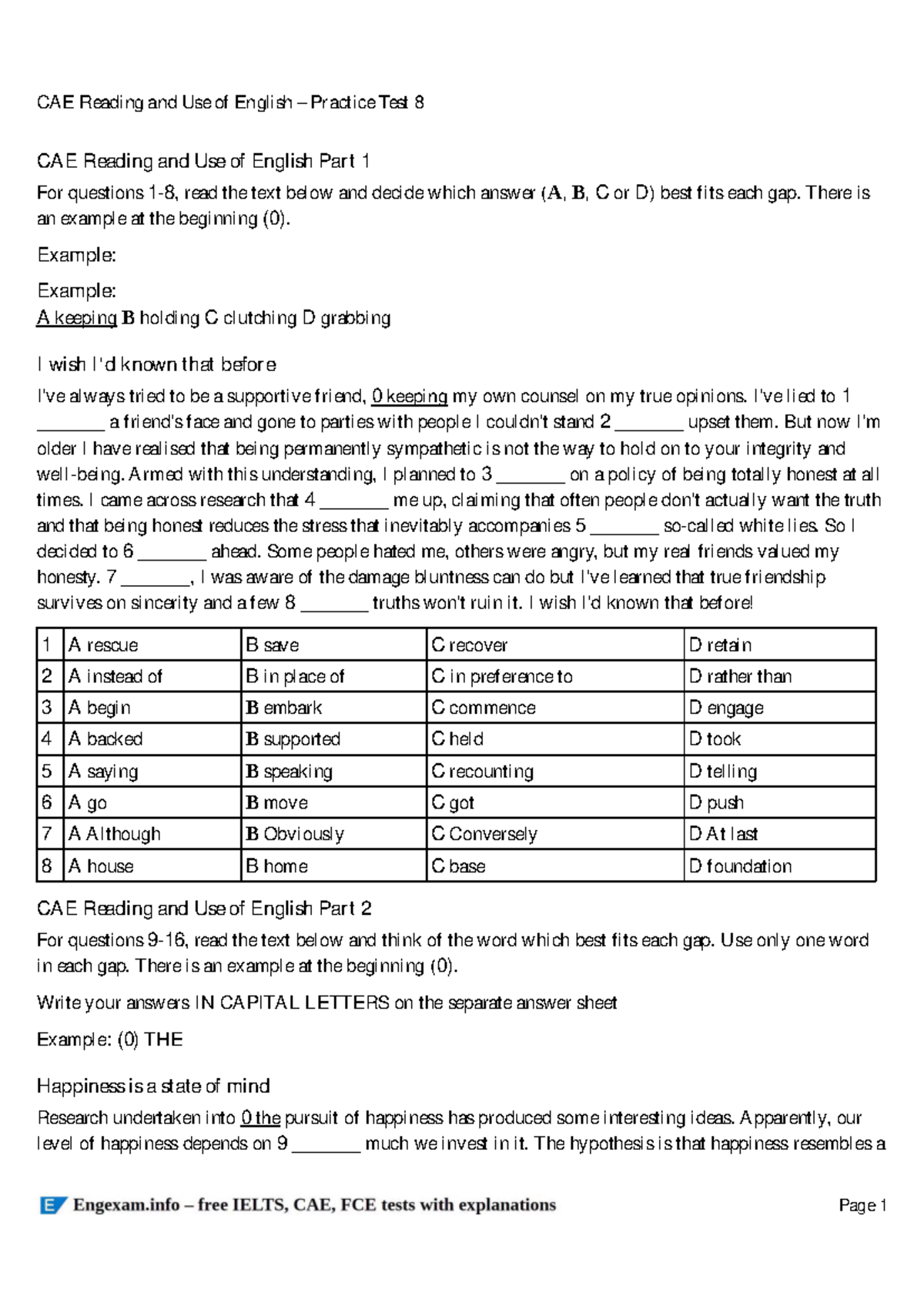 CAE Reading and Use of English Practice Test 8 Printable - CAE Reading ...