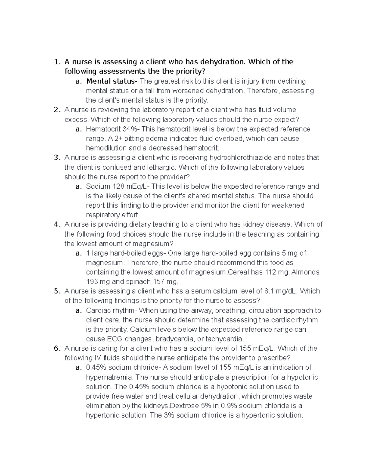 RN Targeted Medical Surgical Fluid, Electrolyte, and Acid-Base Online Practice 2019 - A nurse is ...