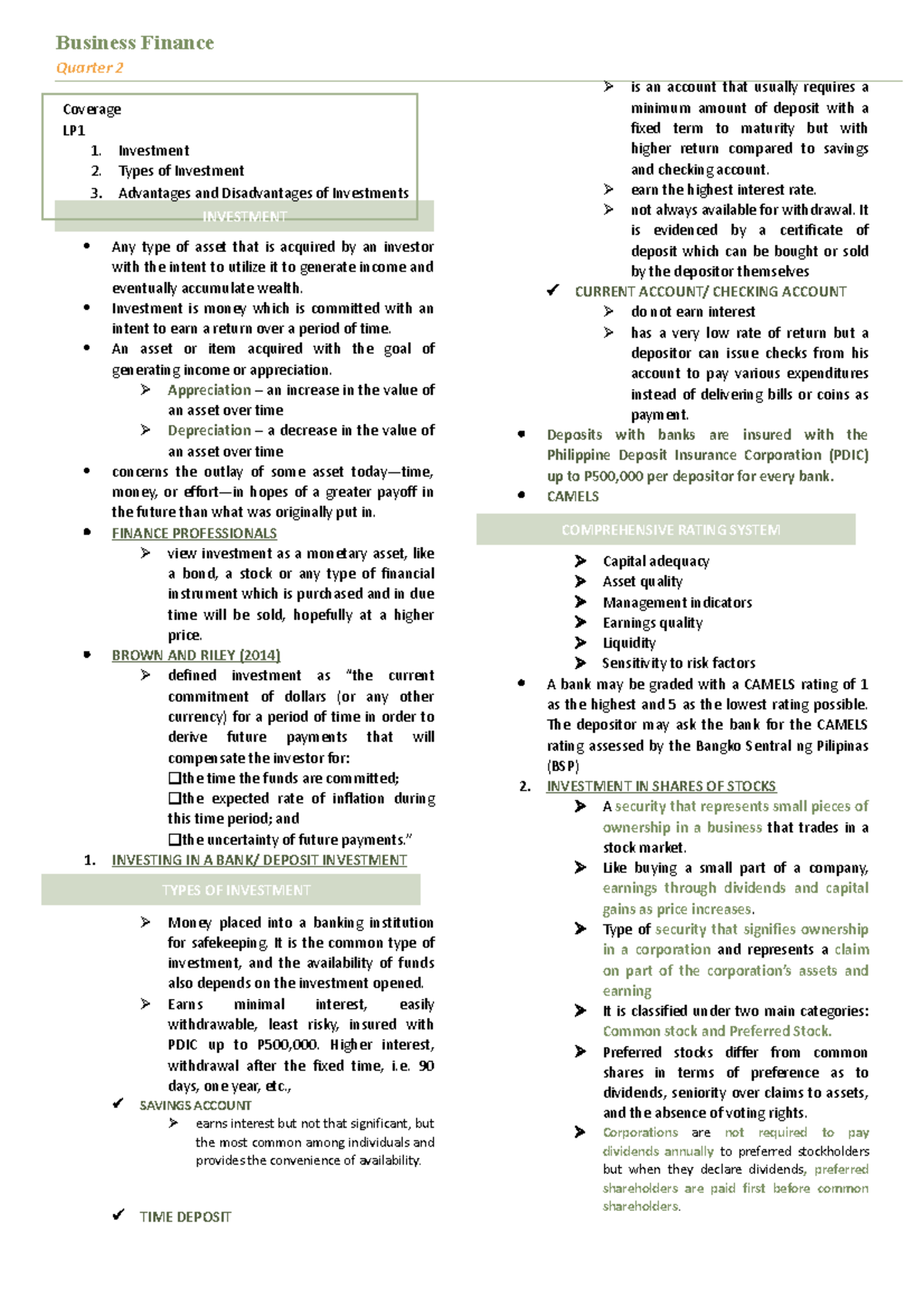 Business Finannace Q2 - Introduction to investments and its different ...