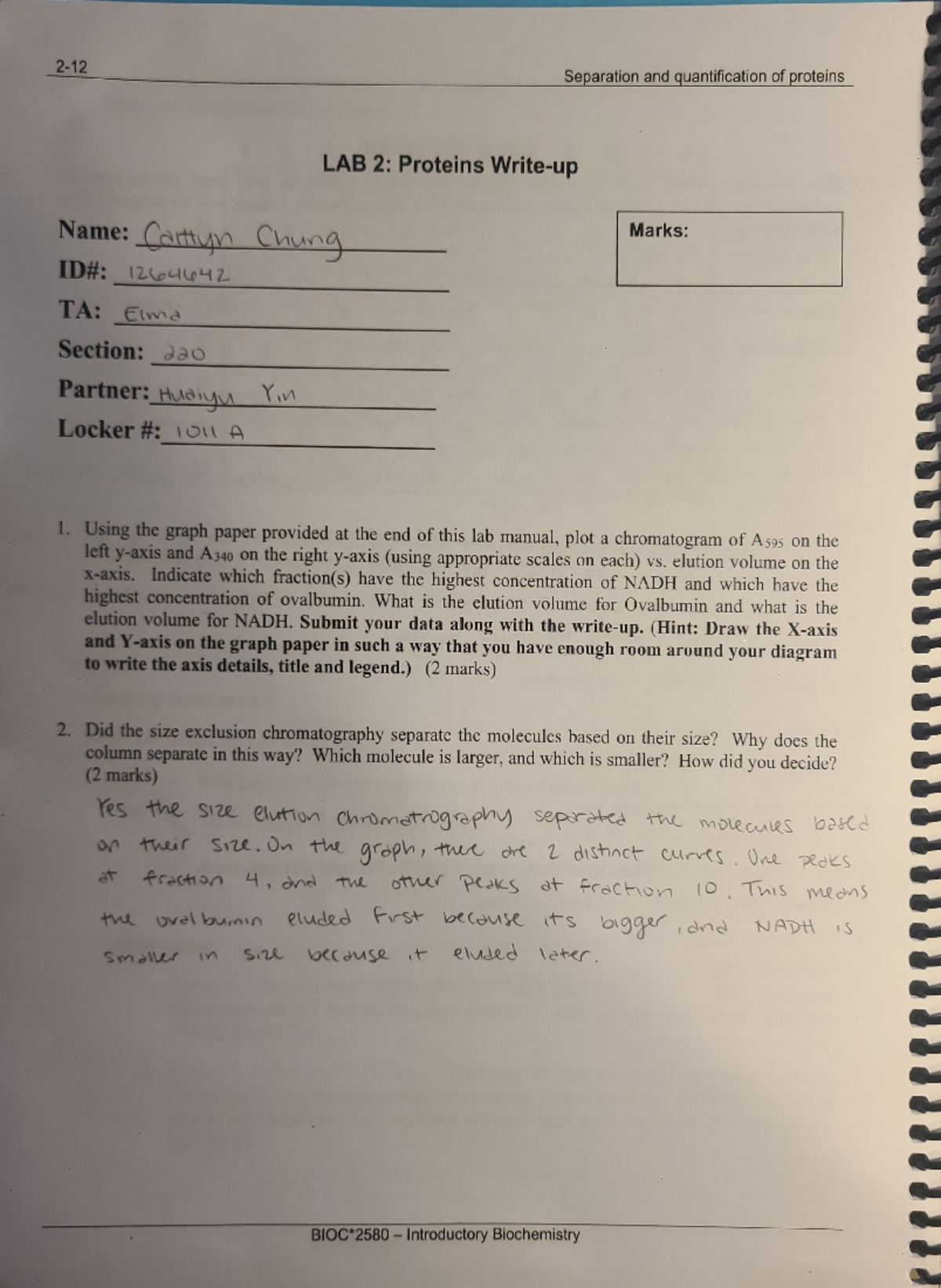 BIOC Lab writeup - Name: Catua Chung ID#: 12(oe Z TA: Elmd Section: 3a ...