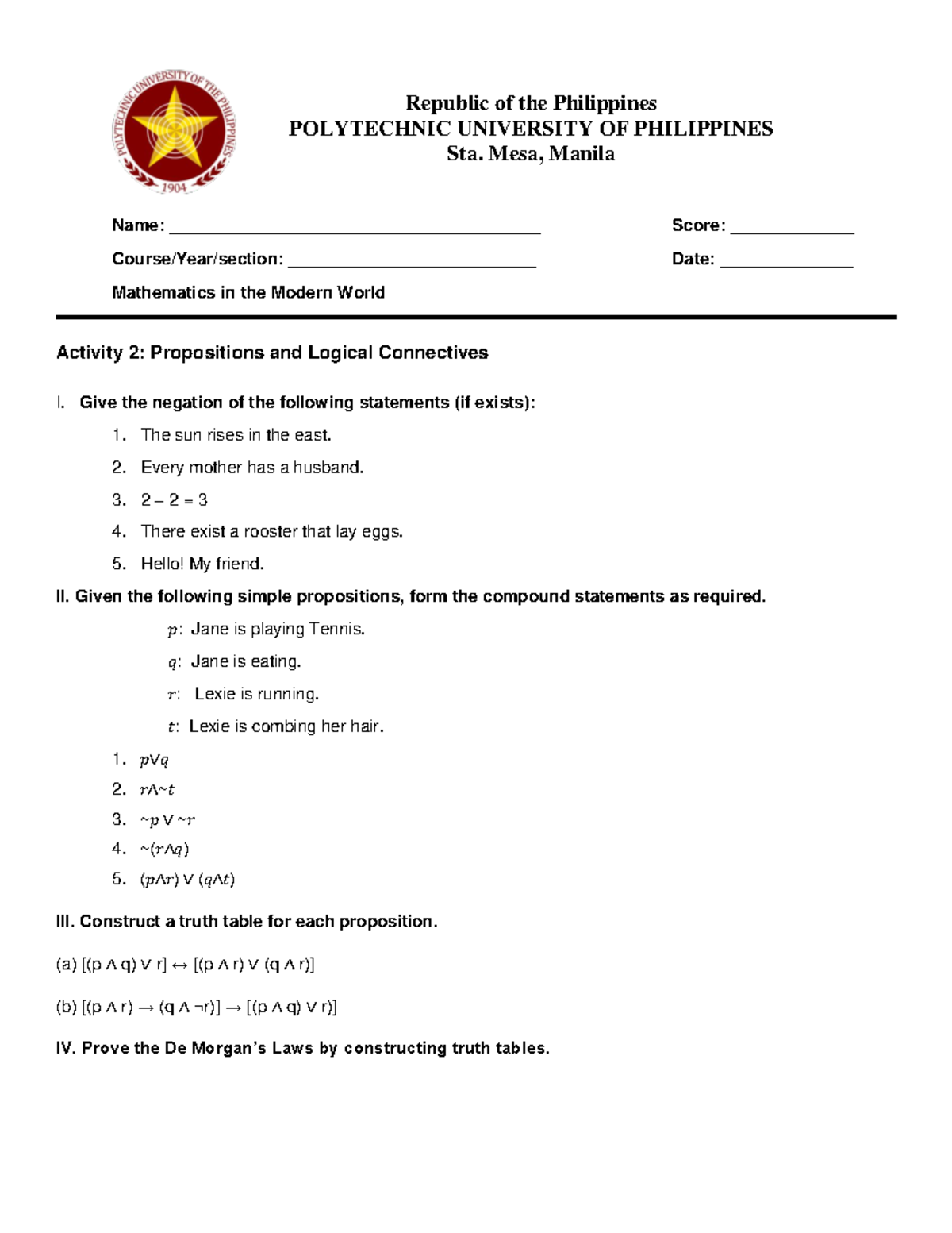 Activity 2 (Logic) - MMW - Name: _______________________________________ Score ...