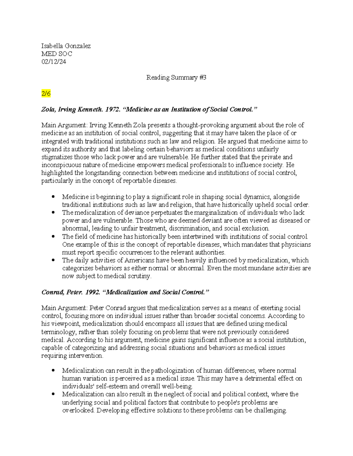 Reading Summary 3 - Isabella Gonzalez MED SOC 02/12/ Reading Summary ...