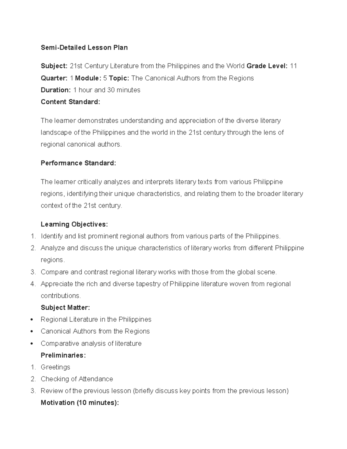 SDLP 21ST Century - Lesson Plan - Semi-Detailed Lesson Plan Subject ...
