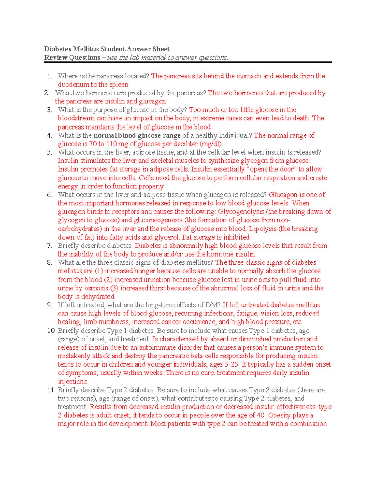 DM Student Answer Sheet - Diabetes Mellitus Student Answer Sheet Review ...