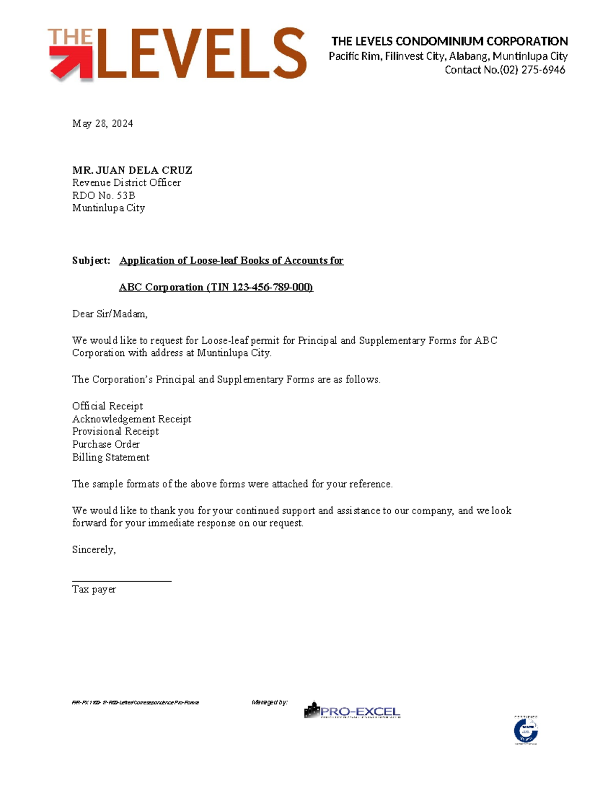 Request for Loose-leaf Permit - May 28, 2024 MR. JUAN DELA CRUZ Revenue ...