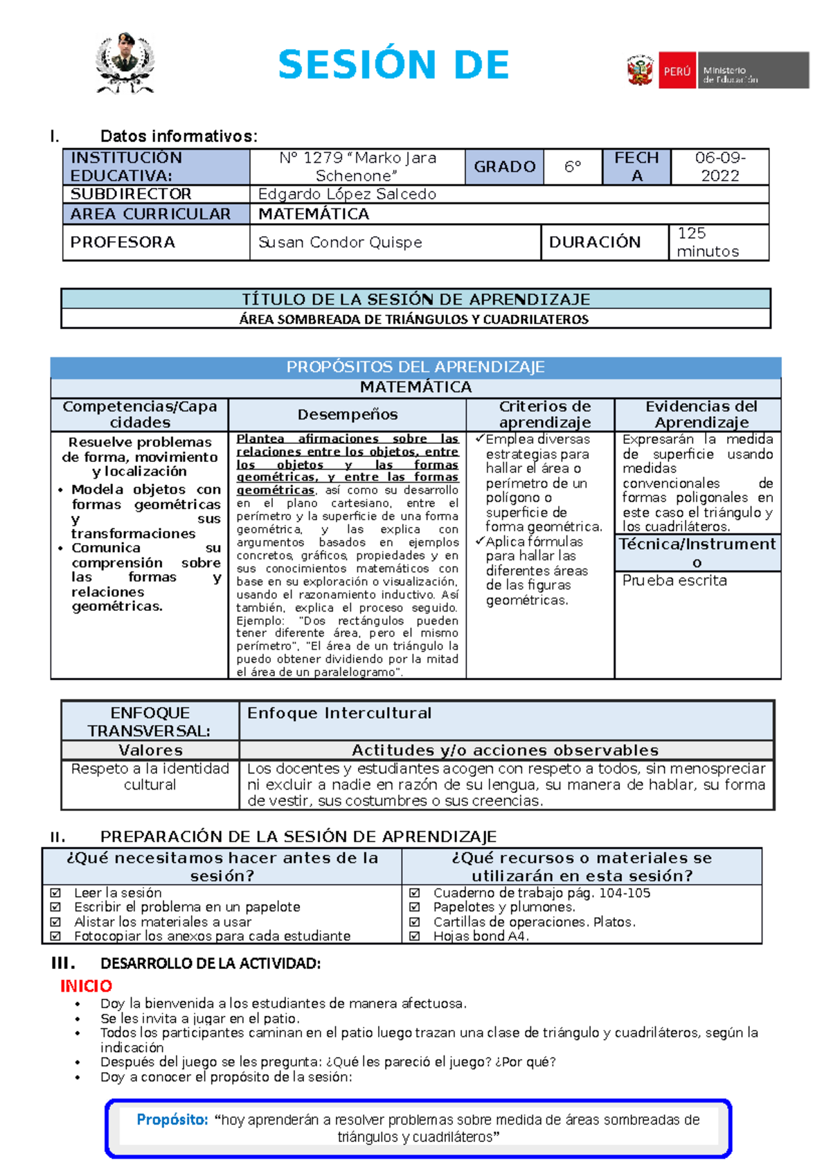 Sesion 06-09 AREA DE UN Triangulo - I. Datos informativos: ####### INSTITUCIÓN ####### EDUCATIVA ...