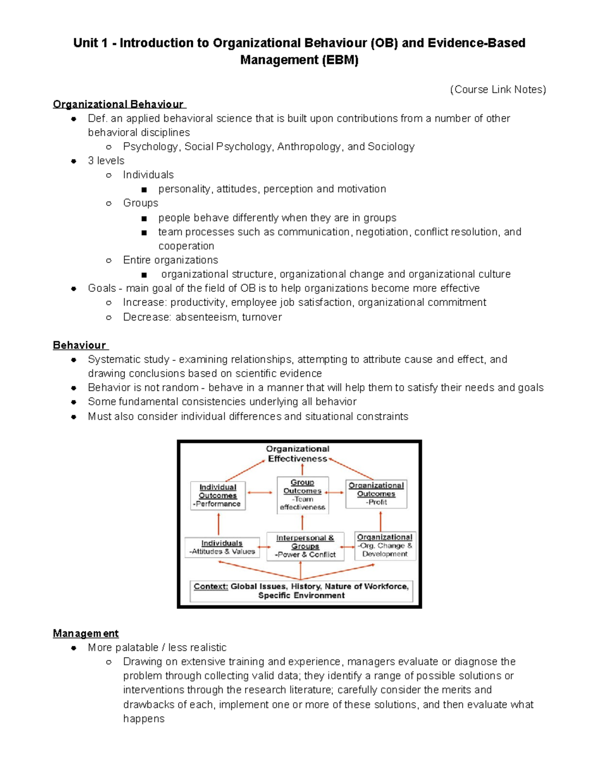 Unit 1 - Introduction to Organizational Behaviour (OB) and Evidence ...