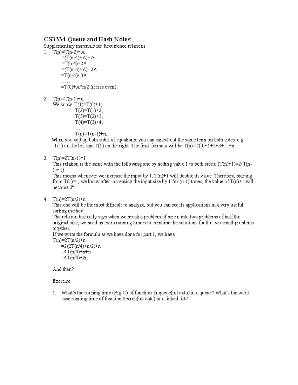 Queue Hash Cs3334 Queue And Hash Notes Supplementary Materials For Recurrence Relations